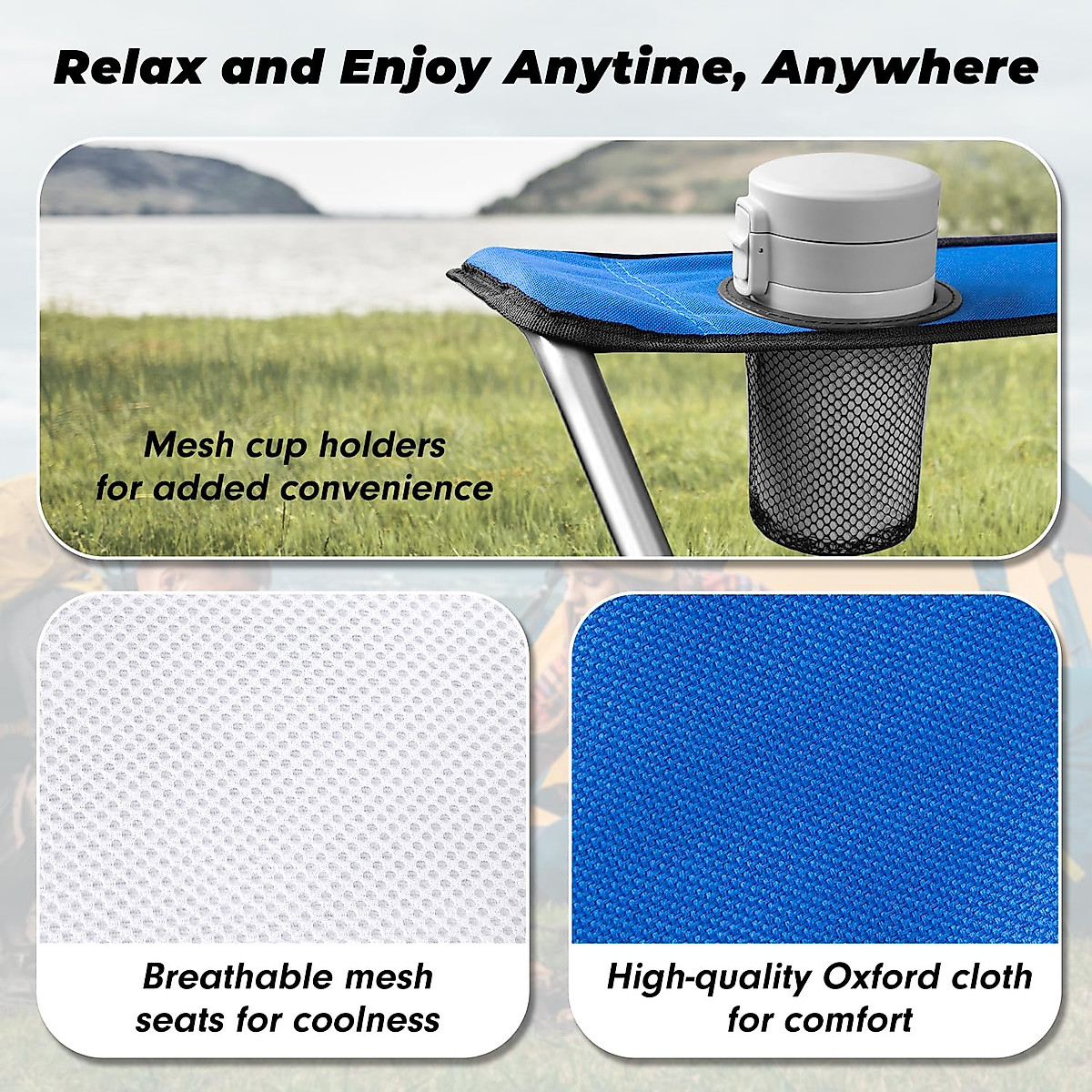 Camabel Folding Camping Chairs 400 LBS Oversized Heavy Duty Padded Beach Chair Portable Outdoor Lawn Chairs with Cup Holder Carry Bag for Sporting Hiking Picnics Fishing Blue