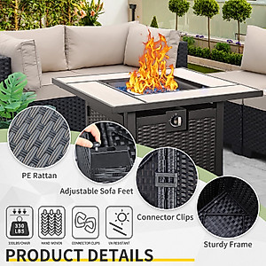 Outdoor Patio PE Wicker 5 Piece Furniture Set, Black Rattan Sectional Conversation Sofa Chair with Square Propane Fire Pit Table, Khaki Cushion