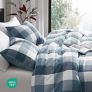Hyde Lane Plaid Twin Comforter Set for Teen, Farmhouse Comforter Twin Size Bed, Blue and White Comforter, Grid Buffalo Lightweight 3 Pieces Bed Sets Includes 1 Comforter, 1 Shams (66 x 90 Inch)