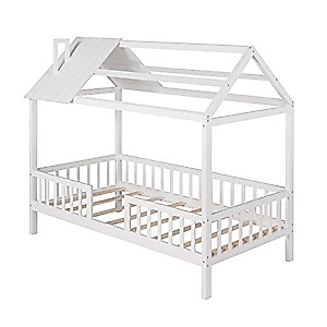 LostCat Kids House Bed,Twin Size Bed House Wood Montessori House Bed Frame with Fence and Rails, House Bed Kids Montessori Beds Playhouse Tent Bed, Solid Wood Platform Bed Frame for s, White
