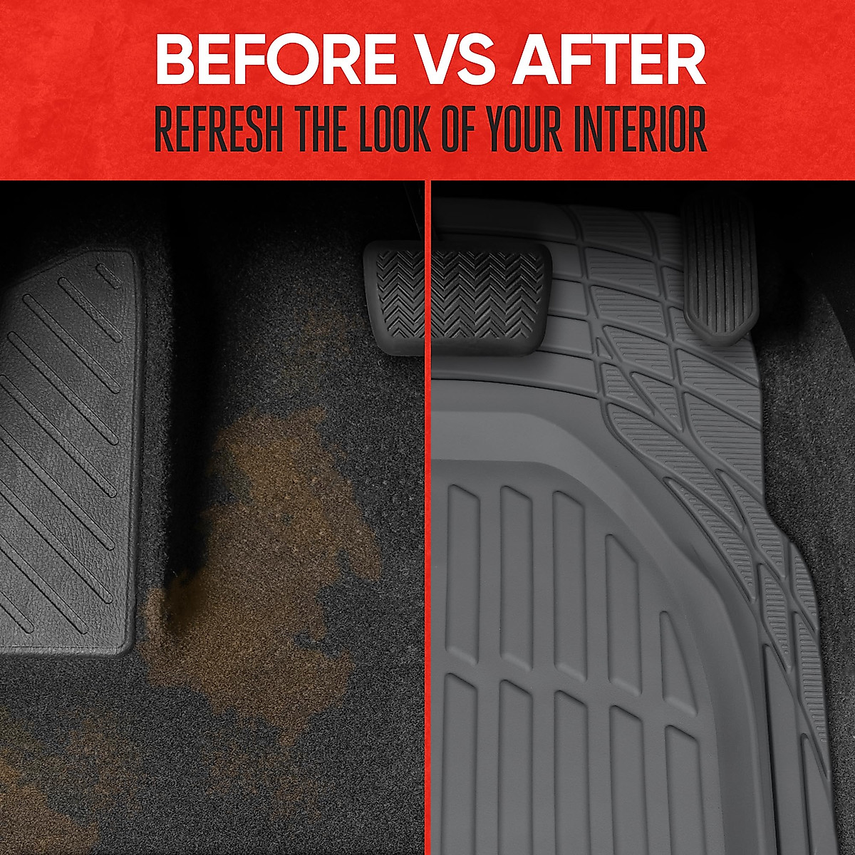 Motor Trend FlexTough Floor Mats for Cars, Gray Deep Dish All-Weather Mats, Waterproof Trim-To Fit Automotive Floor Mats for Trucks SUV, Universal Liner Car Accessories