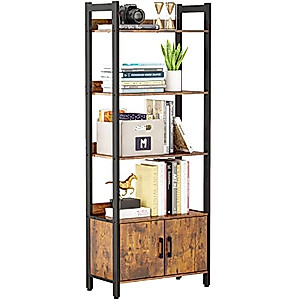 Furologee Bookshelf and Bookcase with Doors, Tall 61" Free Standing Display Shelving Units with 4-Tier Shelves, Industrial Storage Cabinet for Home Office, Living Room, Bedroom, Bathroom, Rustic Brown