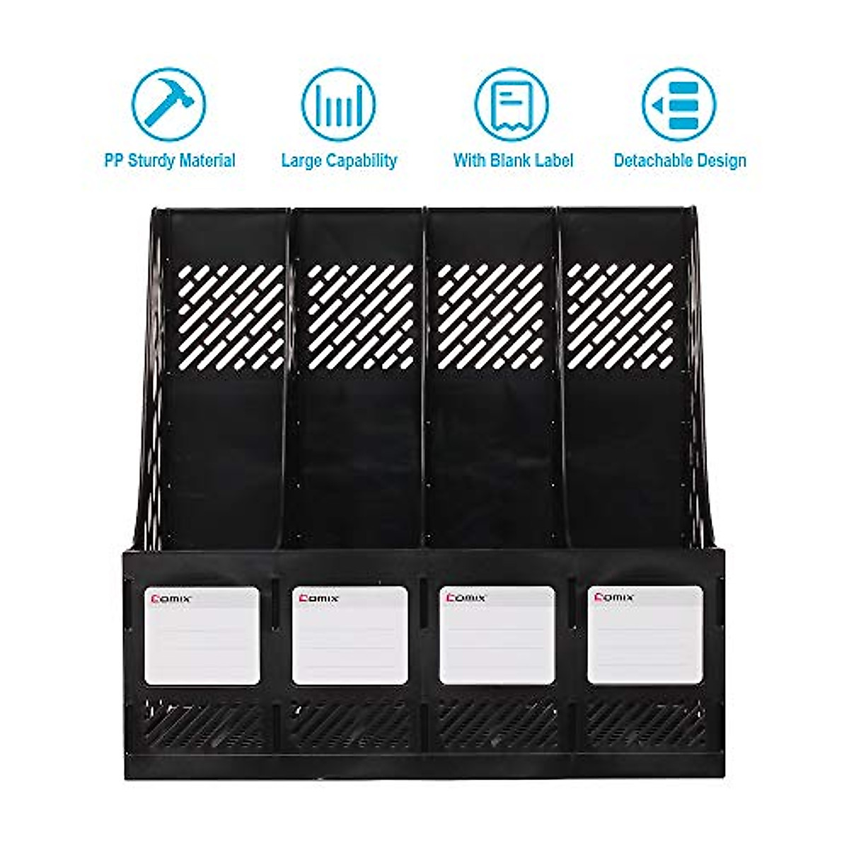 Comix Magazine File Holder, Sturdy Plastic Desk Organizers and Storage File Folder for Office Organization, Binder Organizer with 4 Compartments Storage Organiser Box, Black