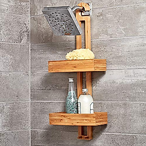 iDesign Formbu Bamboo Hanging Shower Caddy for Shampoo, Conditioner, and Soap with Hooks for Razors, Towels, Loofahs, and More, 11.05" x 5.32" x 26.68", Natural Beige