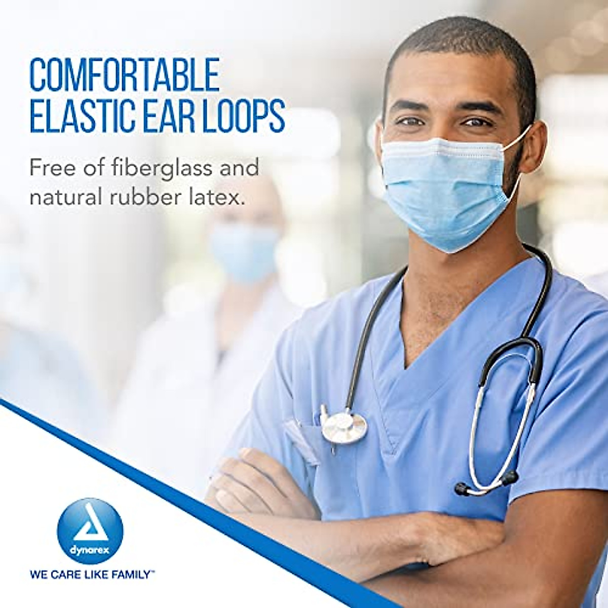 Dynarex Disposable Face Mask with Ear Loops- Breathable Blue Medical Procedure Protective Covering, Box of 50