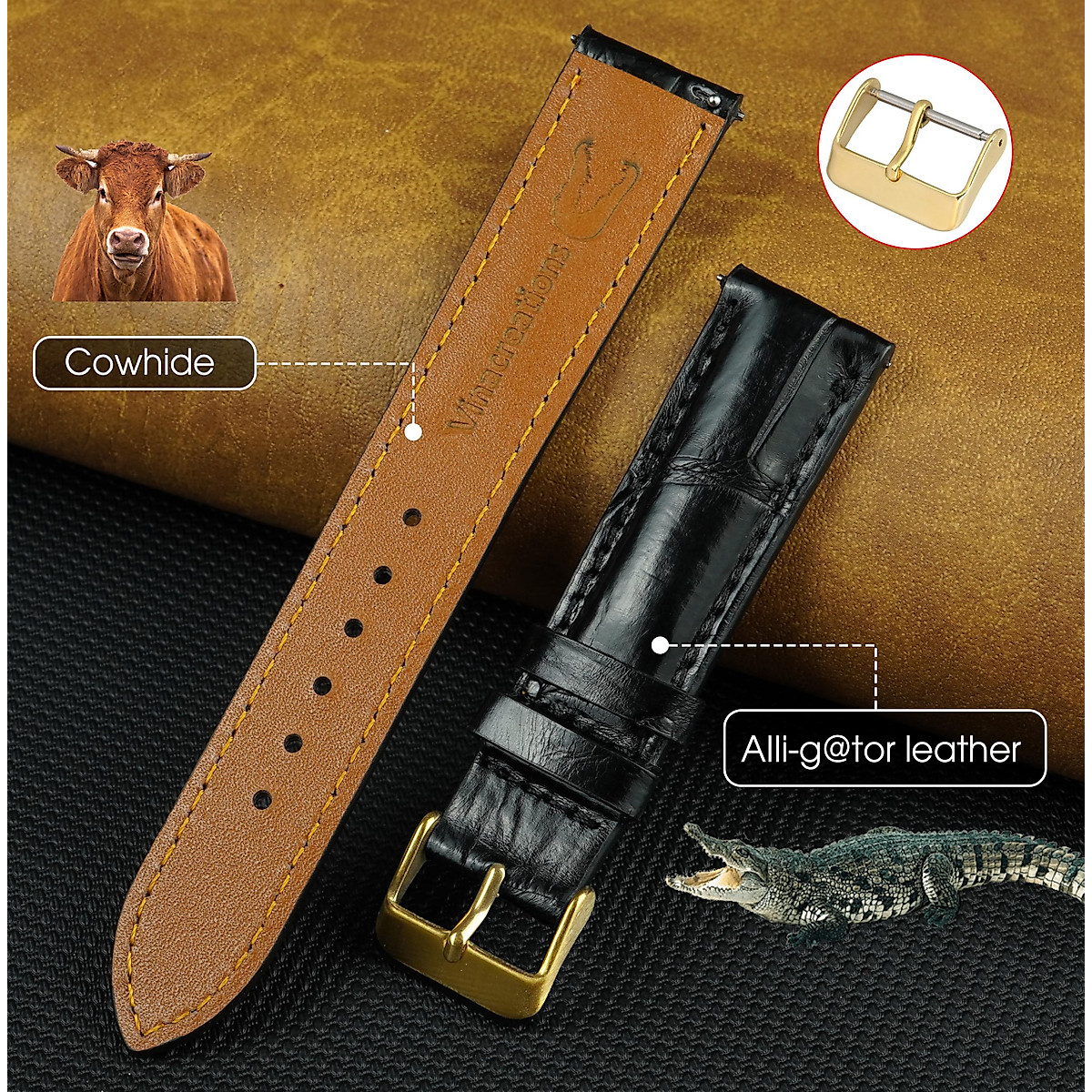vinacreations 20mm Black AIIigator Watch Band Men Quick Release Handmade Leather Strap Croc Replacement Wristband Gold Stainless Steel Buckle, Christmas Father's Day Gift for Dad Husband DH-01G-20MM