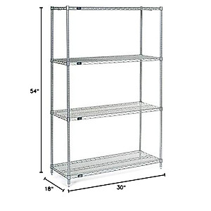 Nexel 18" x 30" x 54", 4 Tier, Poly-Z-Brite Adjustable Wire Shelving Unit, NEXGuard Anti-Microbial Agent, NSF Listed Commercial Storage Rack, Silver, Leveling feet