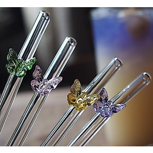 5pcs Butterfly Glass Straws Reusable Bent Drinking Straw 3D Butterfly on Clear Straws for Juices,Milk,Cocktails