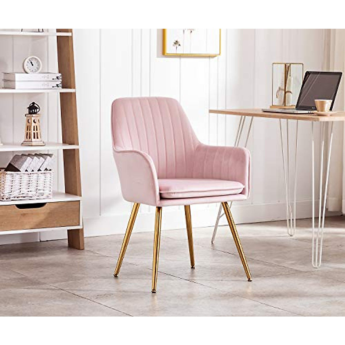 Artechworks Accent Living Dining Room Velvet Arm Chair Club Leisure Guest Lounge Bedroom Upholstered Chair with Gold Metal Legs, Pink