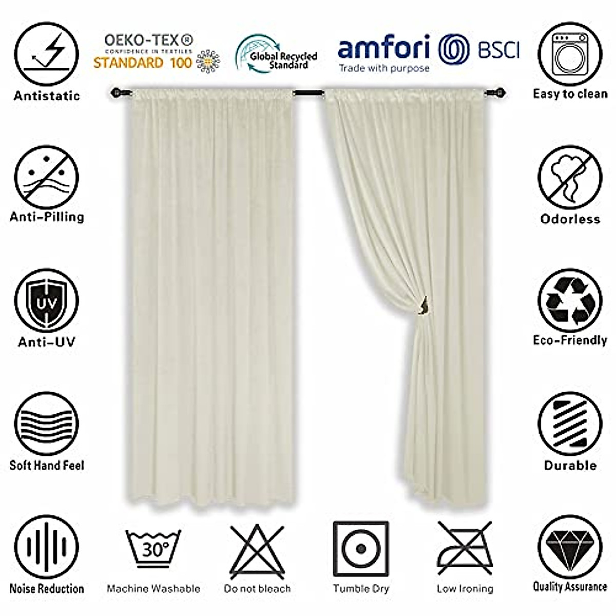 ZHAOFENG Ivory Pom Pom Velvet Curtains with Rod Pocket and Back Tab, Blackout Soft Luxury Thick Sunlight Dimming Heat Insulated Privacy Protect for Living Room, 2 Panels (Ivory, W52 x L95 Inch)