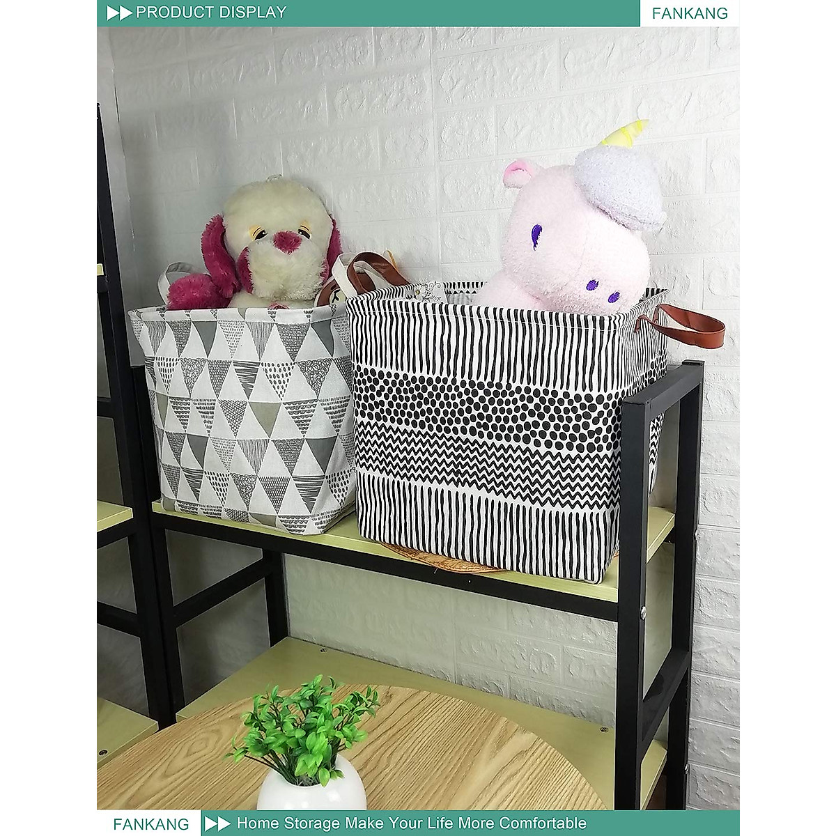 FANKANG Square Nursery Hamper Storage Bins Canvas Laundry Basket Foldable with Waterproof PE Coating Storage Baskets Gift Baskets for Children, Office, Bedroom, Clothes（Square-Black Lines ）