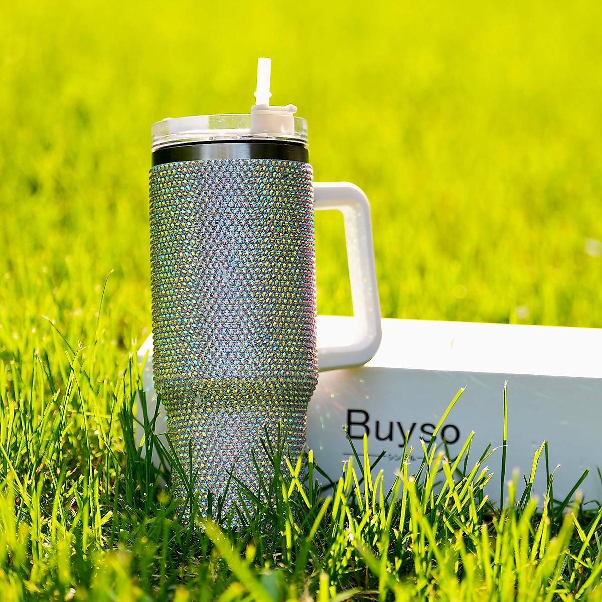 Buyso 40 Oz Bling Tumbler With Handle Rhinestones Tumbler With Lid and Straw Fix for Car Cup Holder Insulated Stainless Steel Double Wall Water Cup Travel Mug Tumblr For Women (40 oz, Shiny)