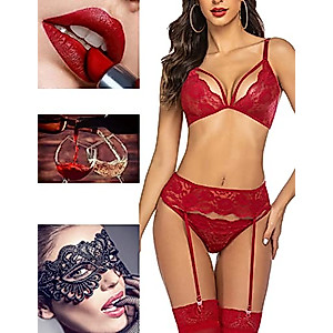 Avidlove Sexy Lingerie for Women Lingerie Set with Garter Belts Lace Teddy Babydoll Bodysuit Nightwear Outfit (XX-Large, Dark Red)
