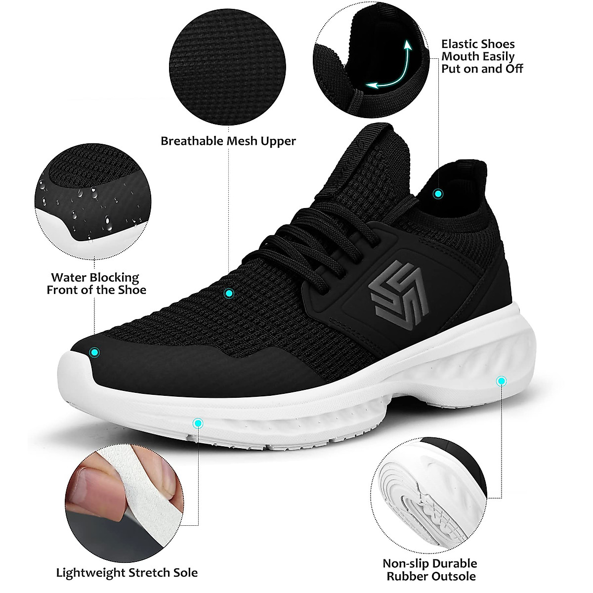 Giniros Womens Slip On Walking Shoes Non Slip Running Shoes Breathable Workout Shoes Lightweight Gym Sneakers Black White Size 8.5