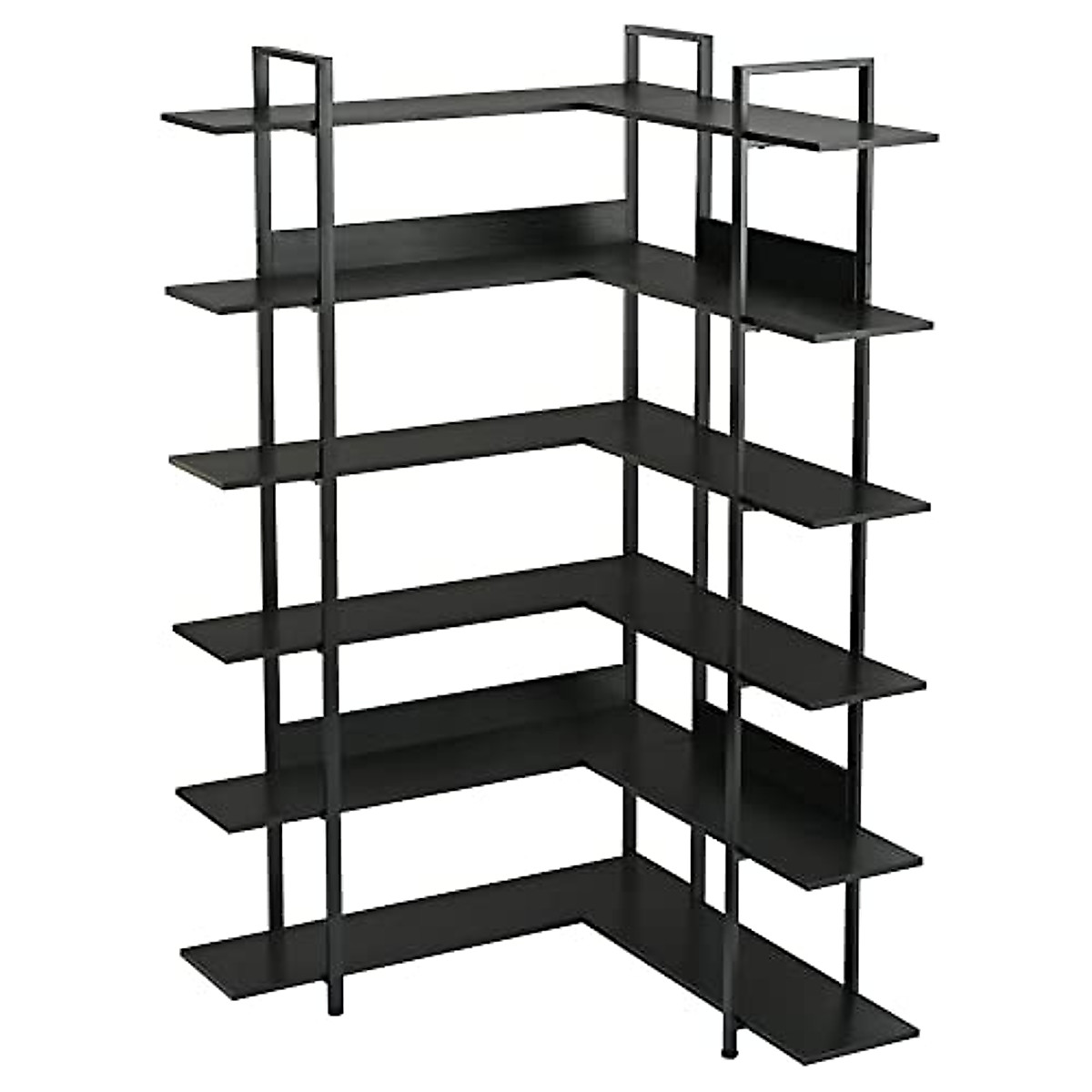 Bellemave 6-Tier Corner Bookshelf, L-Shaped Bookcase Freestanding Storage Shelves with Metal Frame, Triangle Shelf Adjustable Foot Pads for Living Room, & Small Spaces (Black)