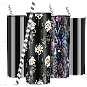 Layhit 4 Sets 20 oz Sublimation Tumbler Stainless Steel Blank Skinny Tumblers with Lids and Straws Brushes Double Wall Insulated Straight Sublimation Cups Water Coffee Mug for Travel Gift DIY, Black