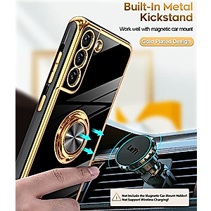 LeYi for Samsung Galaxy S21 FE 5G Case: with Tempered Glass Screen Protector [2 Pack] 360° Rotatable Ring Holder Magnetic Kickstand, Plating Rose Gold Edge Protective Case, Black