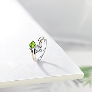 925 Sterling Silver and 10K Yellow Gold Green Peridot Sky Blue Aquamarine and Lab Grown Diamond 2 Heart Couple Engagement Mother Ring (0.94 Cttw, Gemstone Birthstone, Available In Size 5, 6, 7, 8, 9)