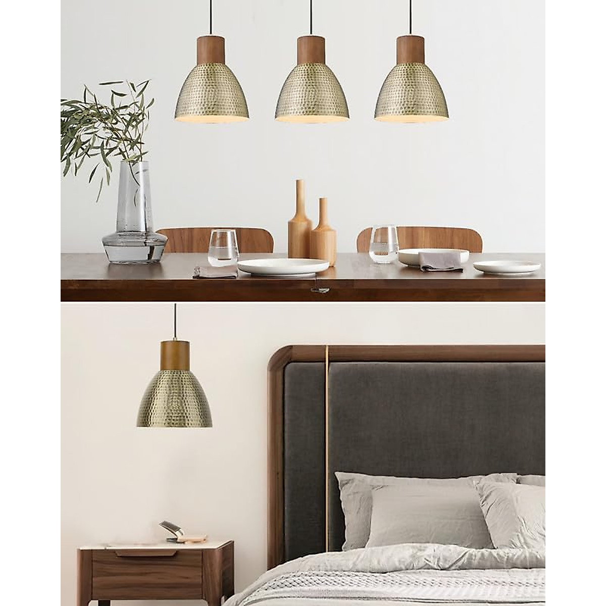 ELYONA Vintage Hammered Pendant Light Fixtures, 10.2” Industrial Metal Hanging Bar Lamp, Solid Wood Antique Gold Adjustable Pendant Light for Kitchen Island, Farmhouse, Dining Room, Brushed Brass