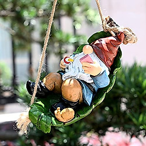 ASAMASA Funny Garden Gnomes Outdoor Hanging Statue, Fairy Garden Swinging Leaf Hammock Gnome Figurine for Lawn Patio Yard Tree Decorations,Adorable Relaxed Gnome