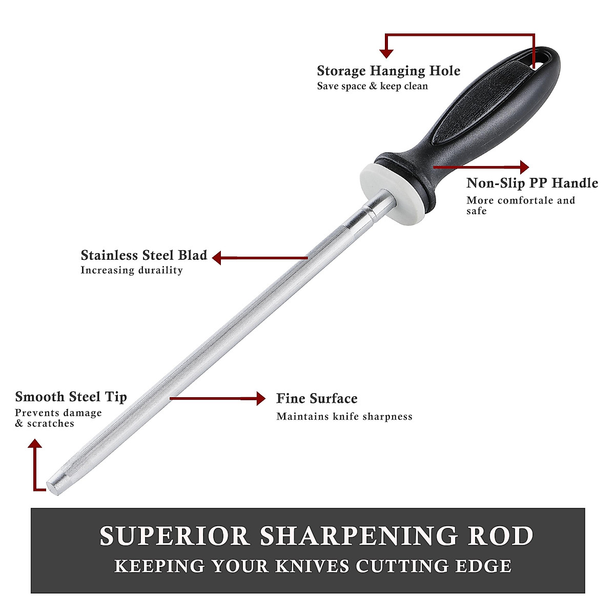 Knife Sharpener Rod, Little Cook 12 inch Knife Sharpening Steel, Knife Sharpening Rod with Ergonomic PP Handle (black)