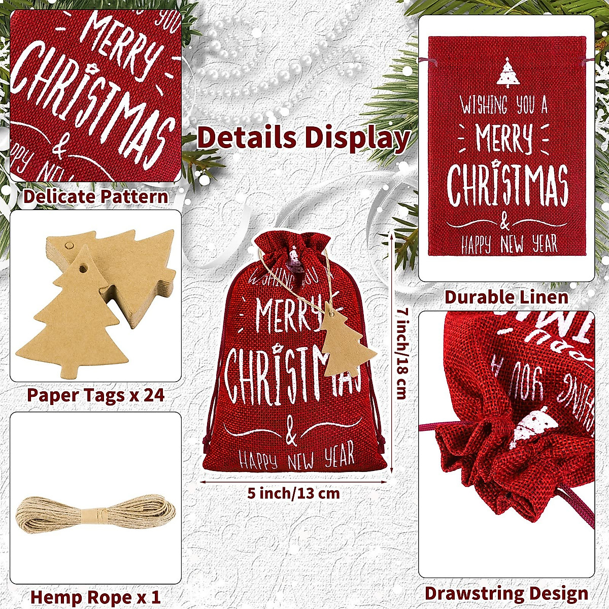 MIMIND 24 Pack Christmas Linen Bags with Drawstrings 7 x 5 Inch Burlap Gift Bags Christmas Burlap Goody Present Bags with Cards for Party Favor, 12 Designs, Wine Red