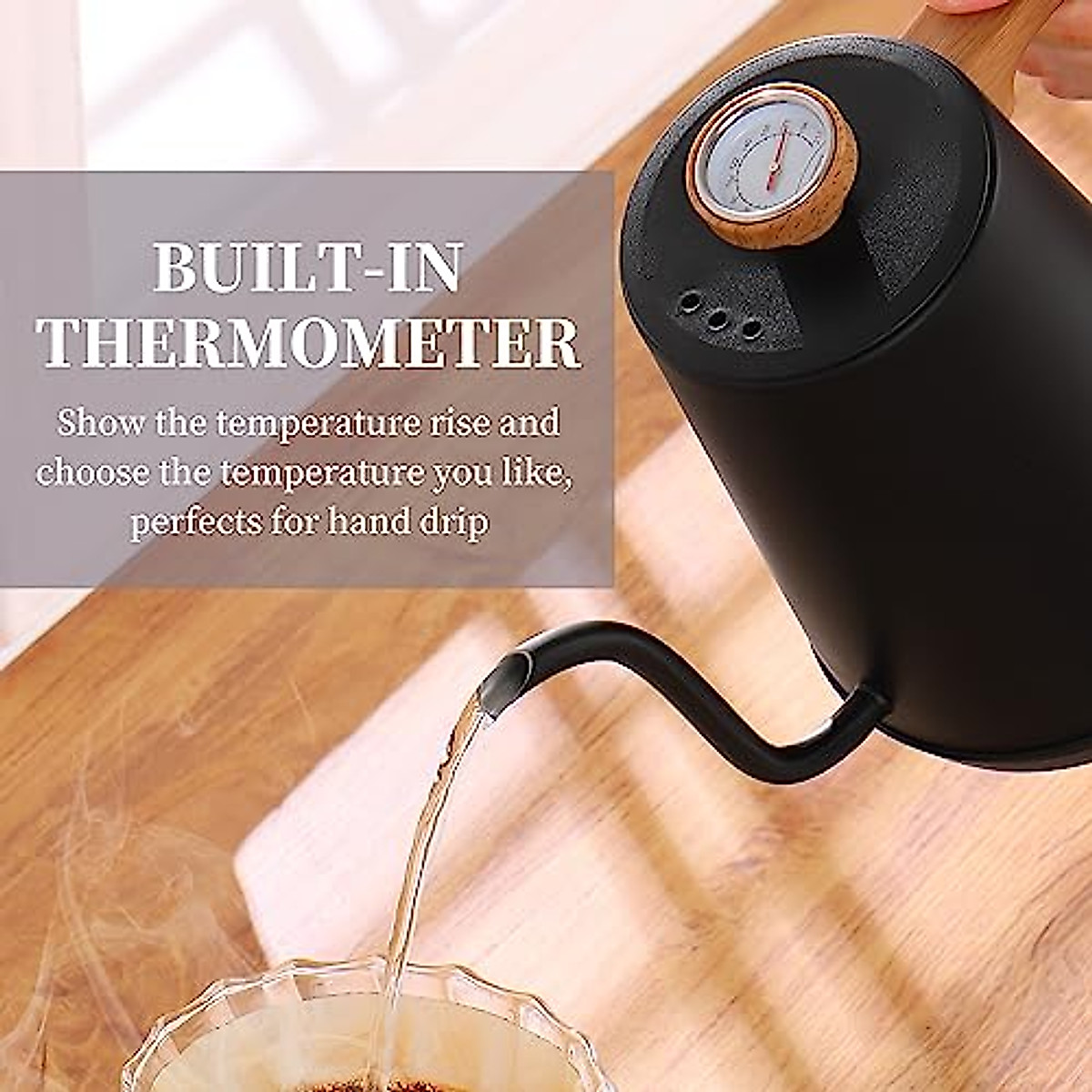 Nueve&Five Gooseneck Electric Kettle with Thermometer， Black Electric Kettle 1L with Auto Shut-Off，1000W Hot Water Kettle of Stainless Steel， Pour Over Kettle for Coffee & Tea