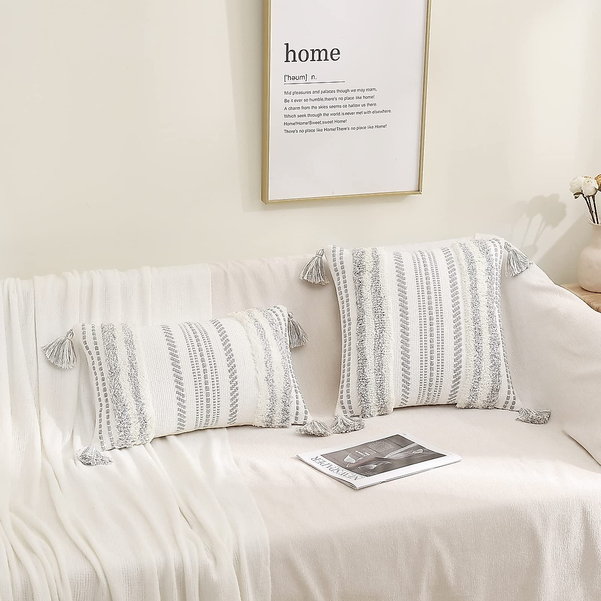 decorUhome Decorative Boho Throw Pillow Covers 12x20, Lumbar Accent Neutral Tufted Pillow Covers for Couch Bed Sofa, Textured Striped Woven Pillow Covers, Grey and Cream White, Pack of 1