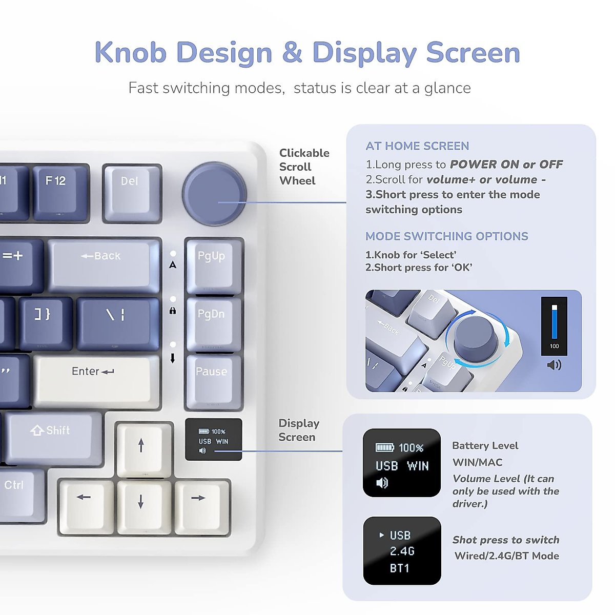 RK ROYAL KLUDGE M75 Mechanical Keyboard with OLED Smart Display and Volume Knob, 2.4G/USB-C/BT Gasket Mounted 75% Layout Wireless Gaming Keyboard with 81 Keys, RGB Backlit Hot-Swappable Brown Switch