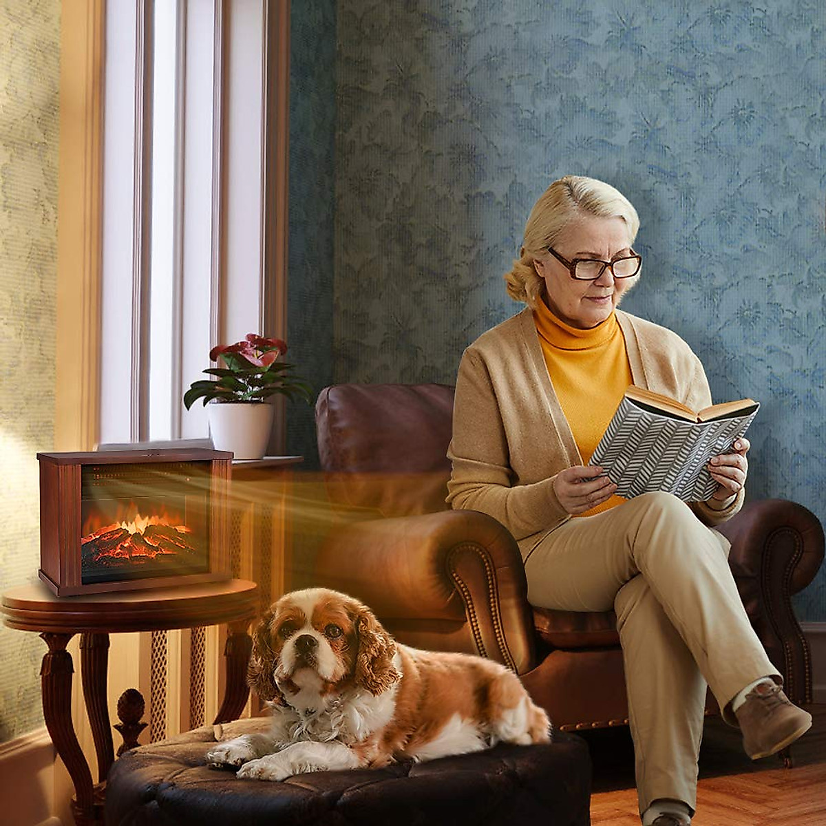 LifePlus Electric Fireplace Heater, Portable Wood Fireplace Stove with 3D Realistic Dancing Flame Effect, Tabletop Fireplace Space Heater Overheat Protection for Indoor Use Bedroom Office,1500W