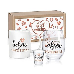 Levfla Before Patients After Patients Set Nurse Gifts 11 oz Coffee Mug 18 oz Stemless Wine Glass 2 oz Shot Glass Set for Nurse, Doctor, Dentist, Dental, Physician, Hygienist, RN (Rose Gold)