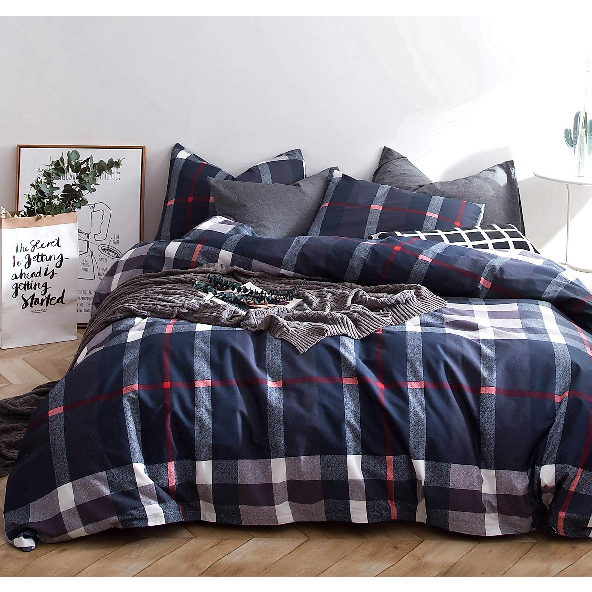 SUSYBAO Plaid Duvet Cover Queen 100% Cotton Navy Blue Tartan Grid Duvet Cover 3 Pieces Set 1 Soft Checkered Gingham Duvet Cover with Zipper Ties 2 Pillowcases Luxury Red Plaid Bedding Set Comfortable