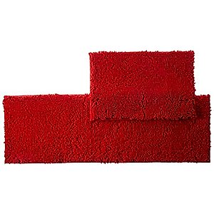 Red Rug for Kitchen Shaggy Chenille Rugs 2 Pieces Set Non Slip Washable Absorbent Runner Rug Set/Kitchen Rugs and Mats/Floor Mat/Entryway Rug/Bath Rug 24x 16 in + 47x 16 in