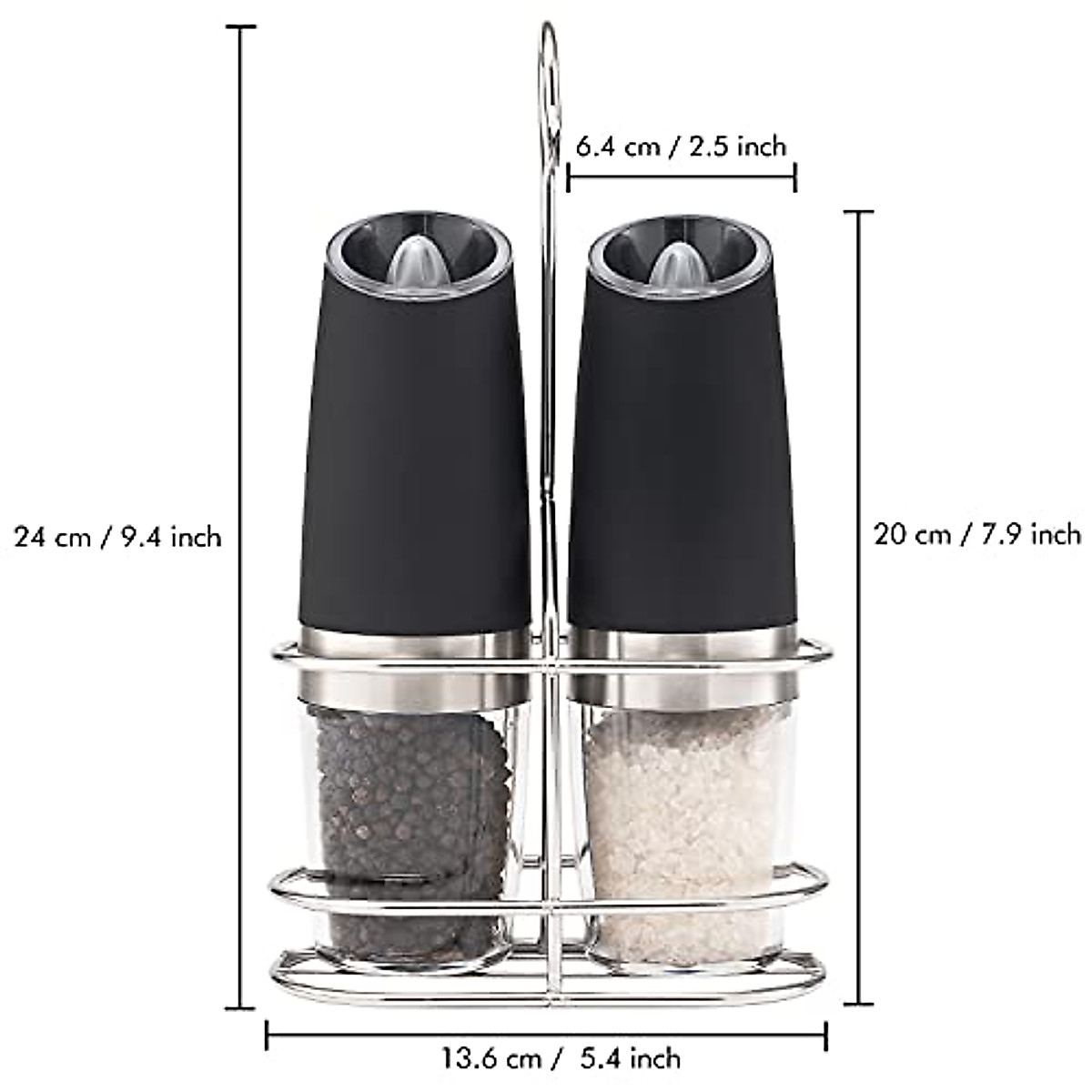 Gravity Electric Salt and Pepper Grinder Mill [Set of 2] with Blue LED Light. Flip to Grind. One Hand Operation, Adjustable Coarseness. Includes Stand, Spoon and Brush. Automatic Battery Powered