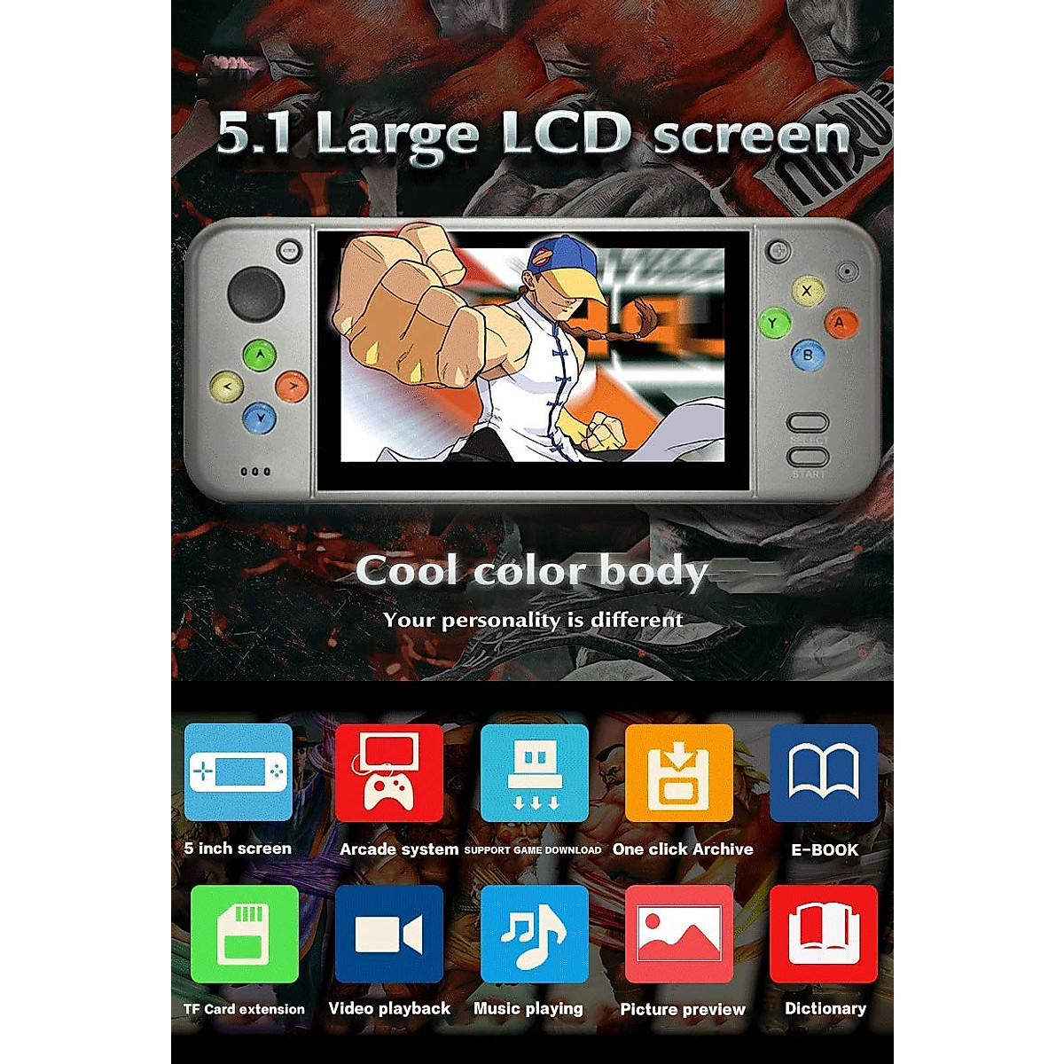 New CZT 5.1 LCD Screen Cool Color Handheld Game Console Multiple simulators Built-in 5000 Games can be archived Support HDMI Output/Video/Music/e-Book/Rechargeable Lithium Battery (Gray)