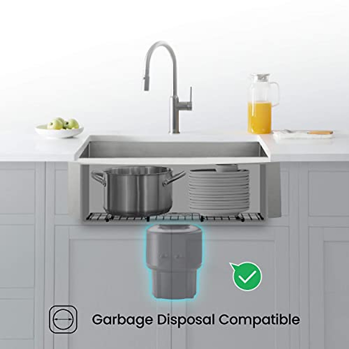 KIBI K1-SF36T Single Bowl Stainless Steel Farmhouse Kitchen Workstation Sink Apron Front 36 inch with Bottom Grid, Strainer, Solid Oak Cutting Board and Colander | 10" Deep Bowl | 3.5" Drain Opening