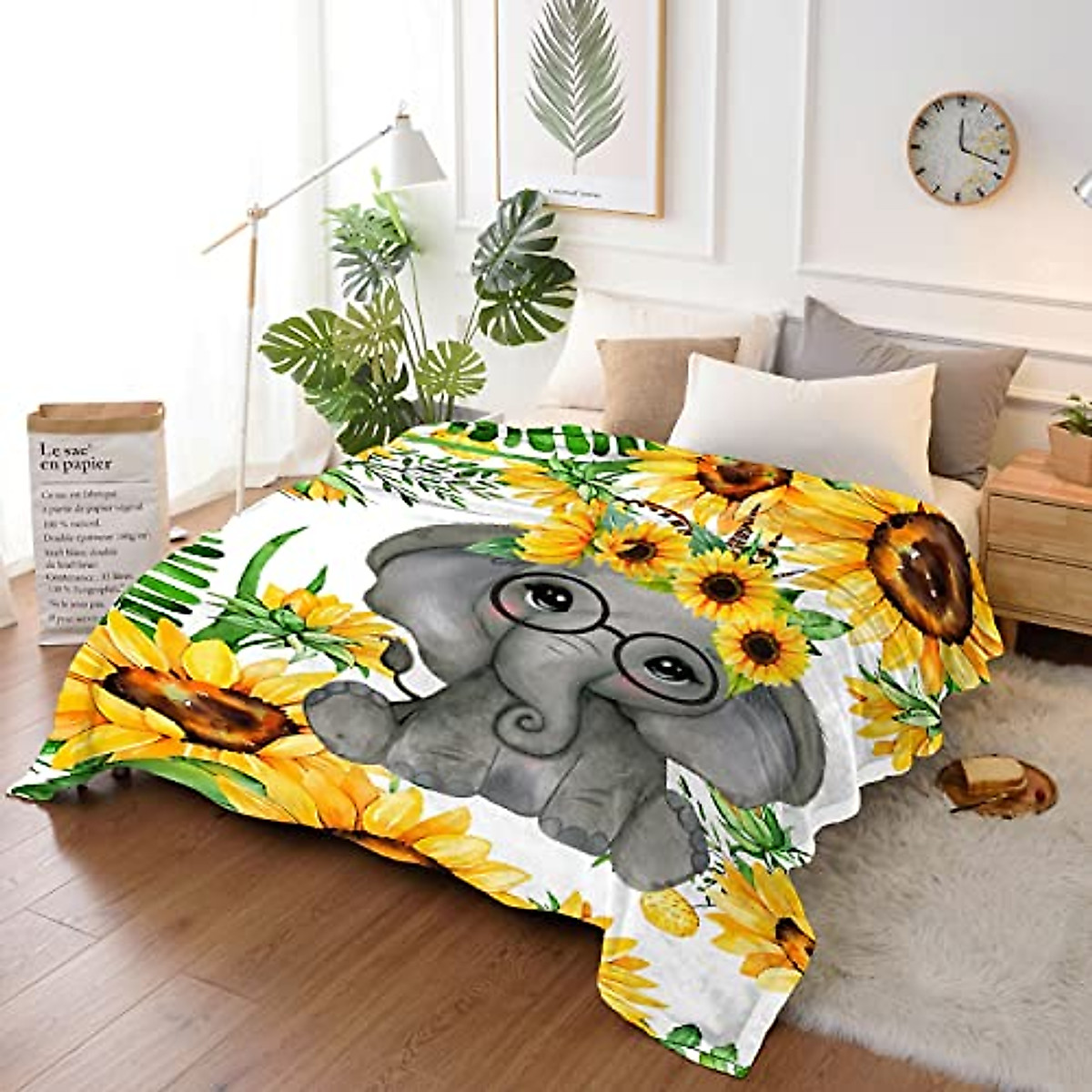 Super Soft Blanket Glasses Elephant and Sunflower Light Weight Throw Quilt Comfy Fluffy for Bed Sofa Suitable All Seasons 80"X60" for Adult Large