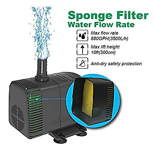 Knifel Submersible Pump 880GPH Ultra Quiet with Dry Burning Protection 10.2ft High Lift for Fountains, Hydroponics, Ponds, Aquariums & More……………