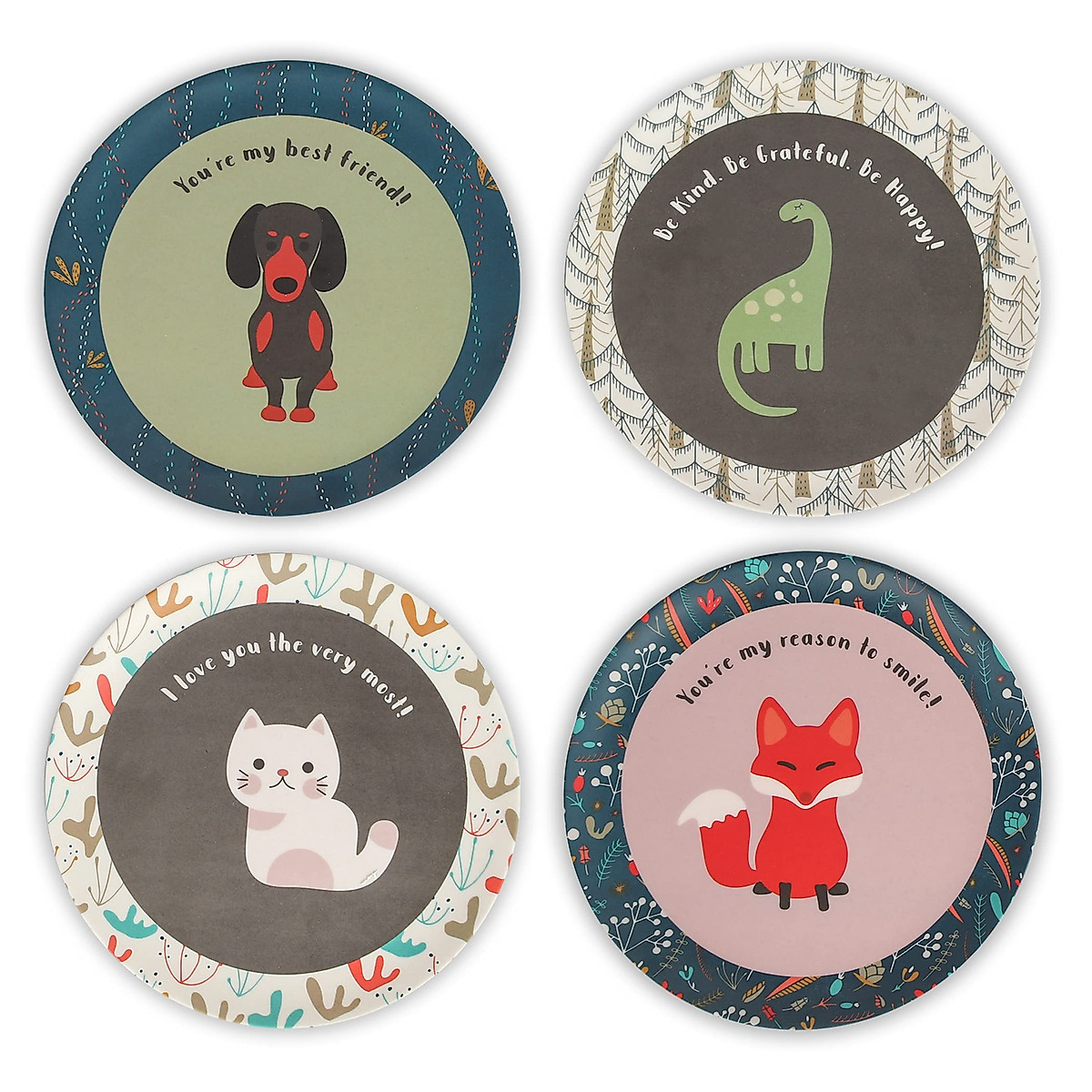 BeeBon Beauty Home Bamboo Plates for Kids - Set of 4 Pack Super Cute Dog, Dinosaur, Fox & Cat