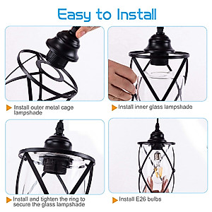 DFL Industrial Glass Pendant Light, 3-Light Black Metal Polished Glass Cover Chandelier, Pendant Light Fixture for Restaurants, Kitchens, Bars, Hallways, Galleries, E26 Base, Bulb Not Included