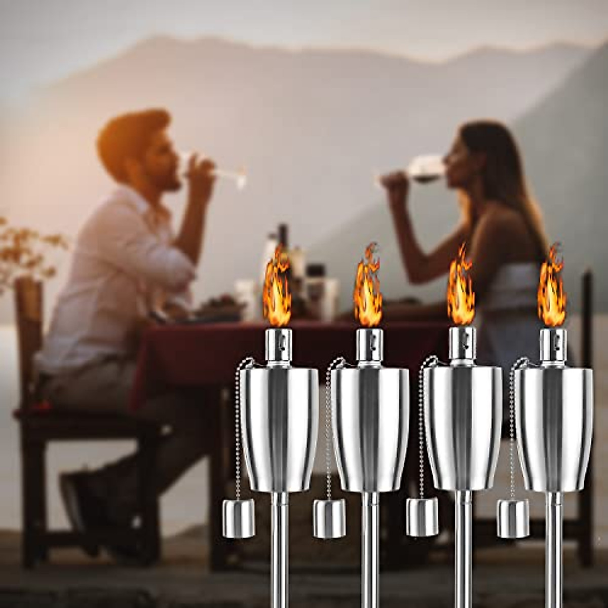 Oil Torch Lamp Torch for Patio/Garden/Lawn/Backyard - 55 inch - Stainless Steel - Fiber Glass Wick - Set of 4 Pieces-Outdoor Oil Lamp for Citronella