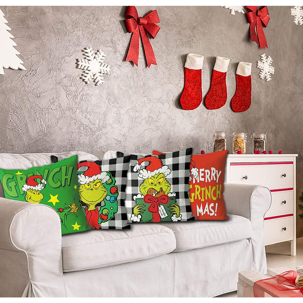 Merry Christmas Throw Pillow Covers 18 x 18 Inches Merry Girnchmas Buffalo Plaid Pillowcase Happy New Year Farmhouse Pillow Case Xmas Decoration for Living Room Sofa Bed Home Set of 4 (Christmas-03)