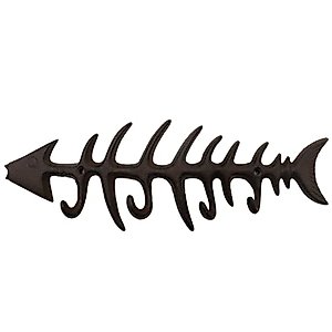 Needzo Cast Iron Faux Rusted Fish Skeleton Wall Hook, Nautical Themed Decor for Beach House, Lake House, or Home, Rustic Hooks for Towels, Keys, Coats, and More, 13 Inches