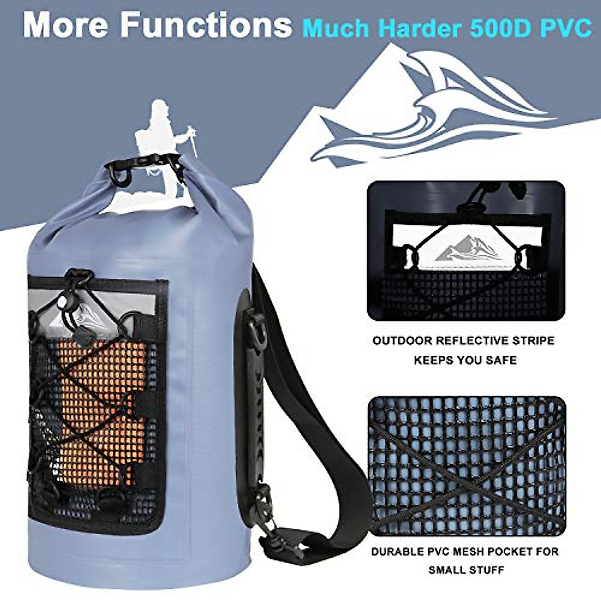 HEETA Waterproof Dry Bag for Women Men(Upgraded Version), 5L/ 10L/ 20L/ 30L Roll Top Lightweight Dry Storage Bag Backpack with Phone Case, Grey 5L