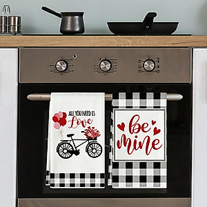 Whaline 4Pcs Valentine's Day Kitchen Towel 28 x 18 Inch White Black Buffalo Plaids Swedish Dish Towel Heart Truck Bicycle Sweet Style Hand Drying Tea Towel for Holiday Kitchen Bathroom Home Supplies