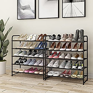 Simple Trending 5-Tier Stackable Shoe Rack, Expandable & Adjustable Shoe Organizer Storage Shelf, Wire Grid, Black