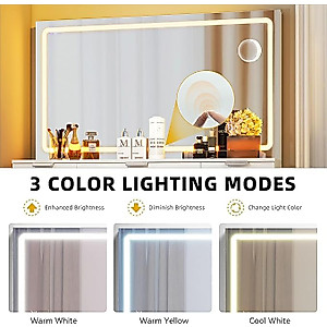 DWVO Vanity Desk with LED-Lit Mirror & Lights, Makeup Vanity Station with 11 Compartments and Magnifier, 46'' Dressing Table with Electrical Socket and Seating Storage for Bedroom, Frost White