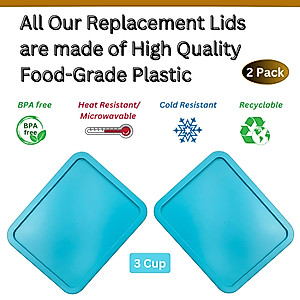 Klareware 3 cup Rectangle Plastic Food Storage Replacement Lids Covers for Klareware and Pyrex 7210-PC Glass Bowls (Container not Included) (2 Pack - Turquoise)