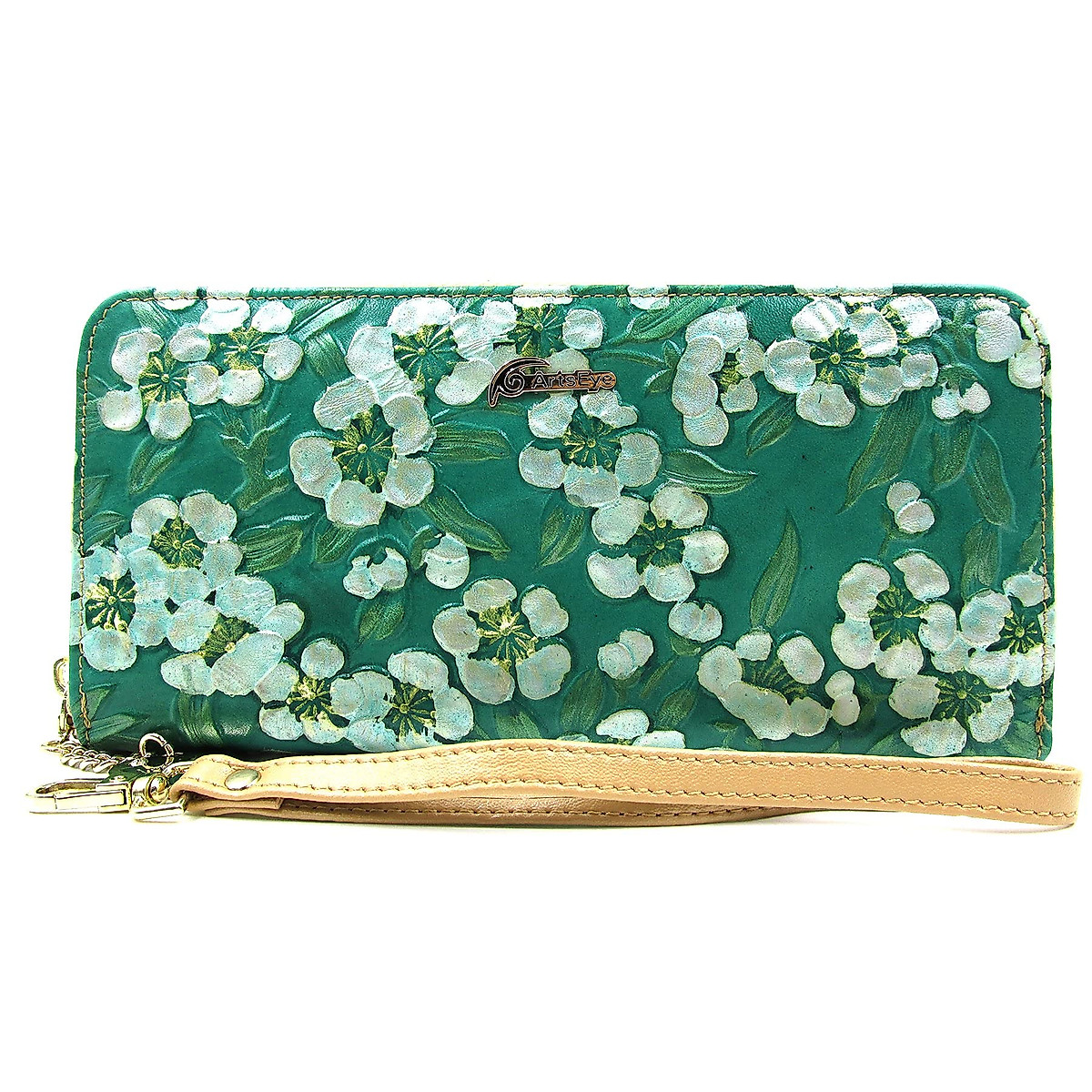 ArtsEye Peach Embossed Genuine Leather Zip Around Wallet (Green)