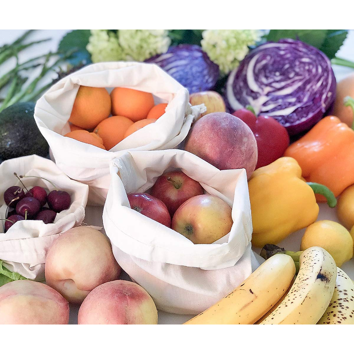 Muslin Produce Bags - Organic Cotton Produce Bags - Cloth Grain Bags - Cloth Vegetable Bags - Cloth Bread Bags - Vegetable Bag Cloth - Produce Bag, Cotton Vegetable Bag Set of 7 (XXL, XL, L, M, S, XS)